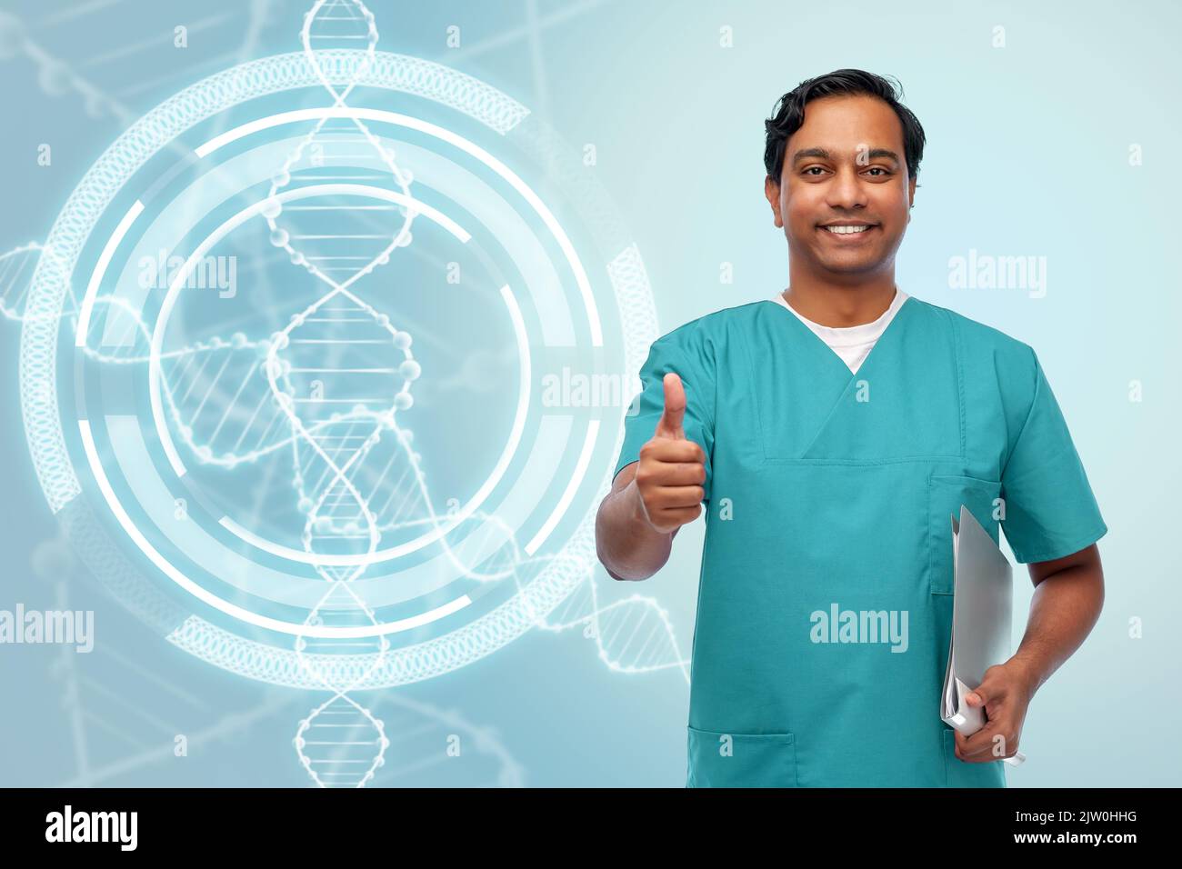 happy doctor showing thumbs up over dna projection Stock Photo - Alamy