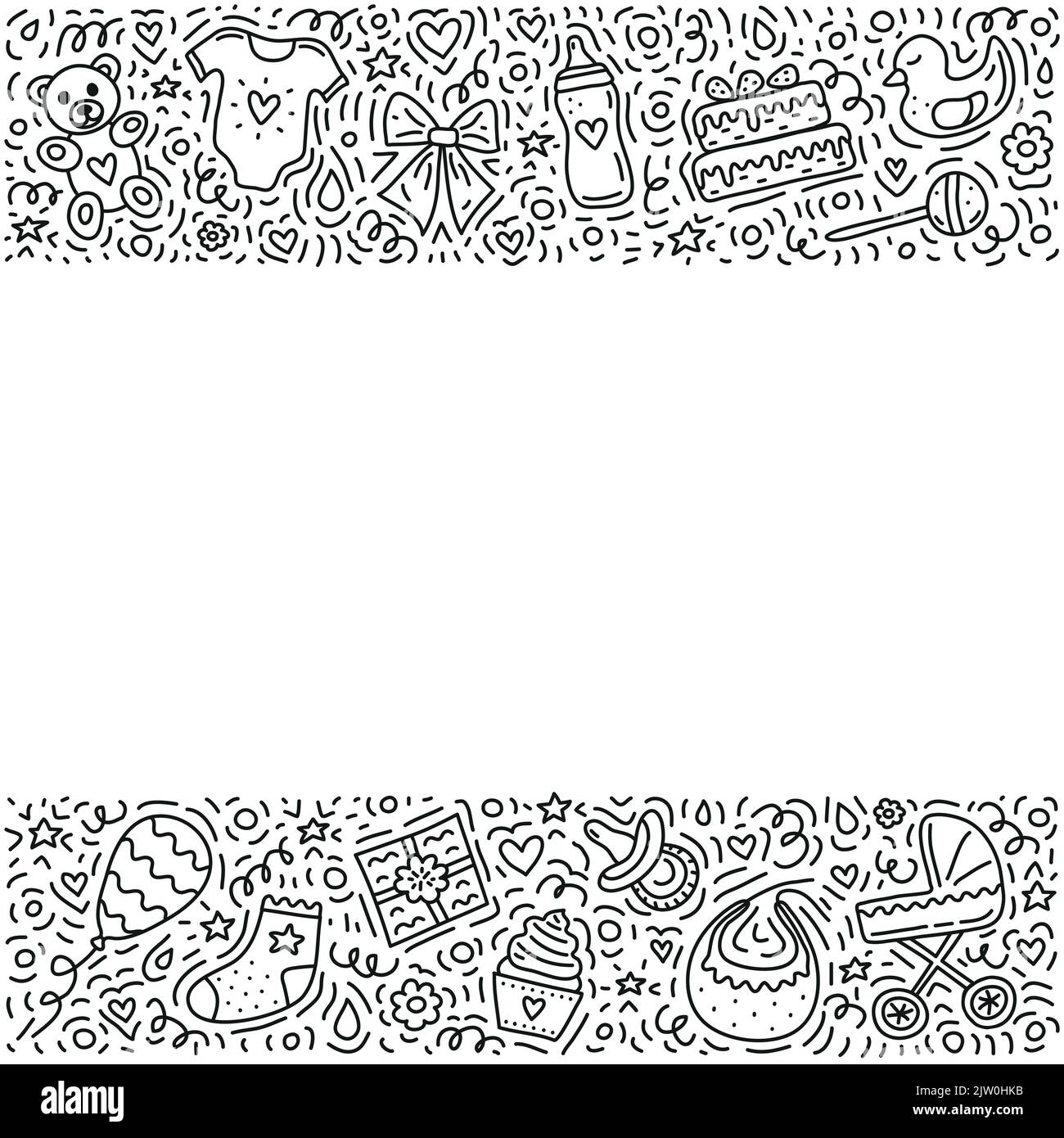 Poster with outline doodles for baby shower with lines, swirls, symbols ...