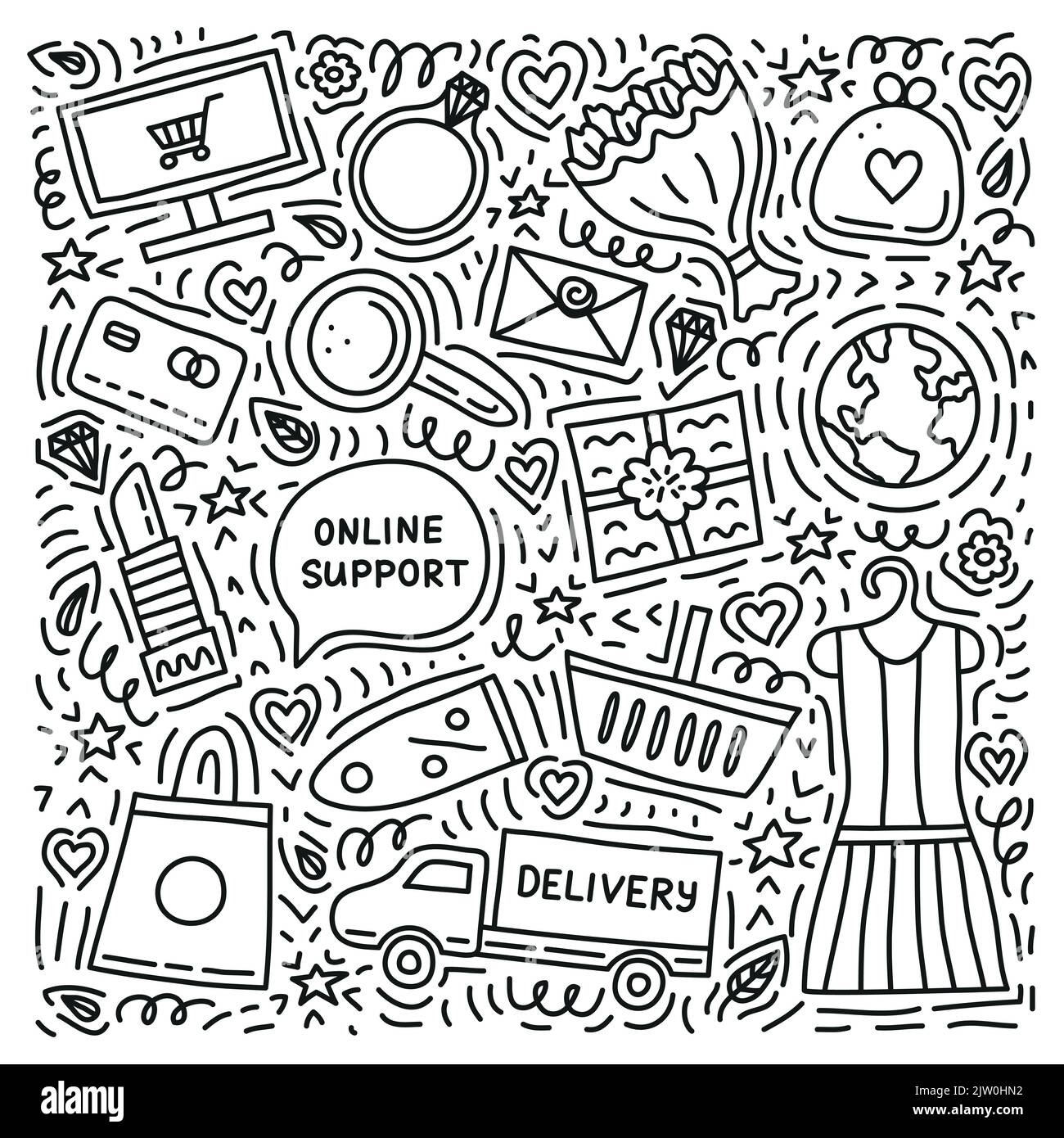 Set of outline e-commerce shopping doodles with elements isolated on ...