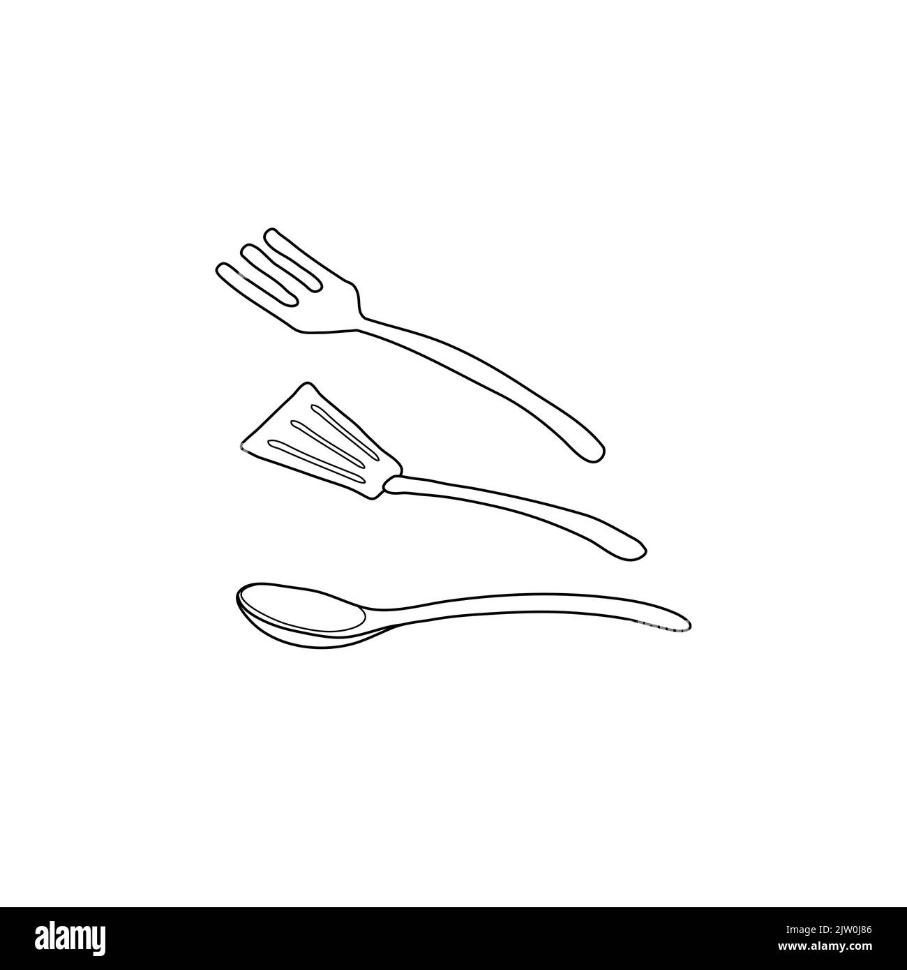 Hand drawn outline kitchen utensils isolated on white background Stock ...