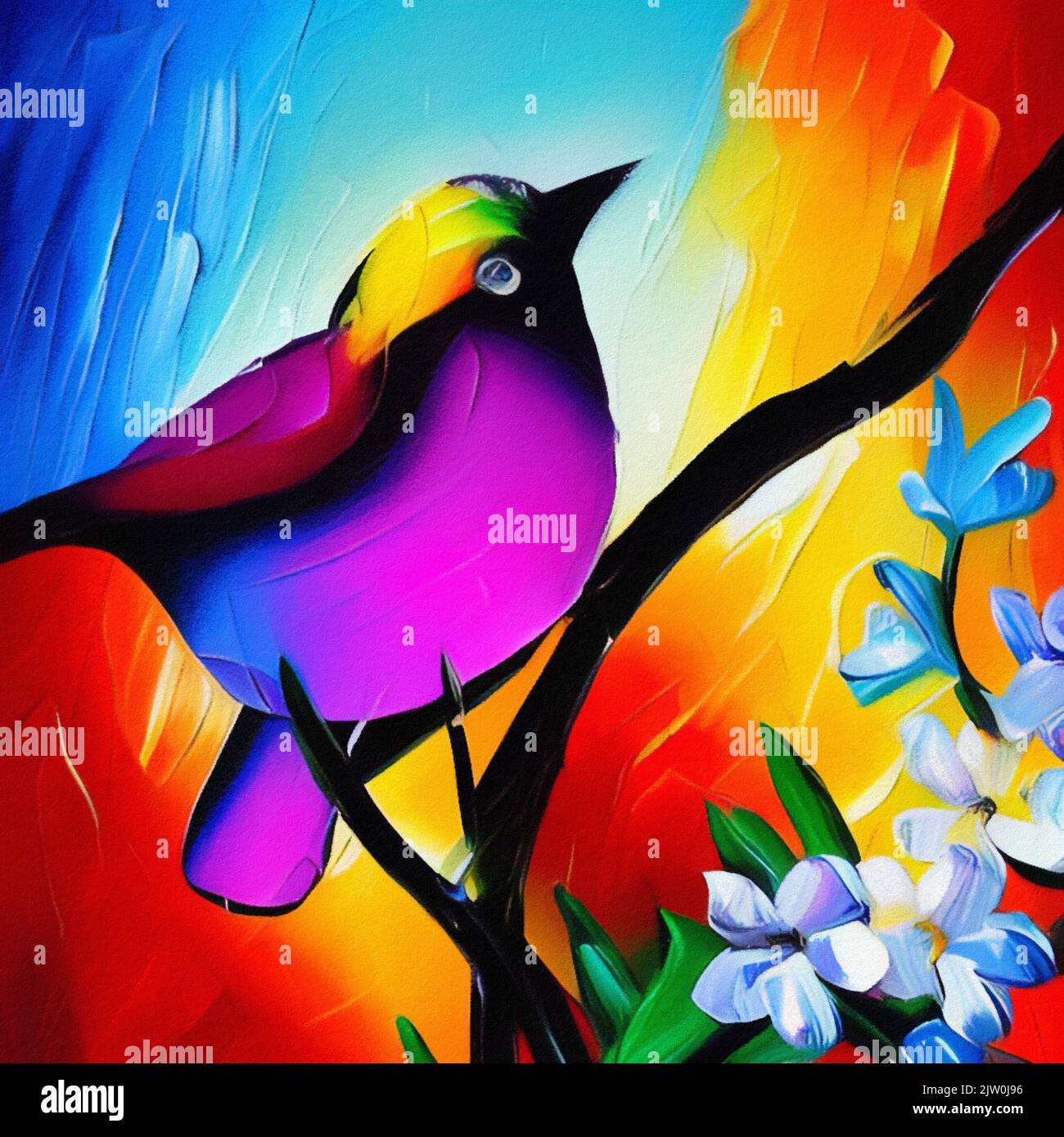Colorful oil and acrylic modern painting of bird and spring flower ...