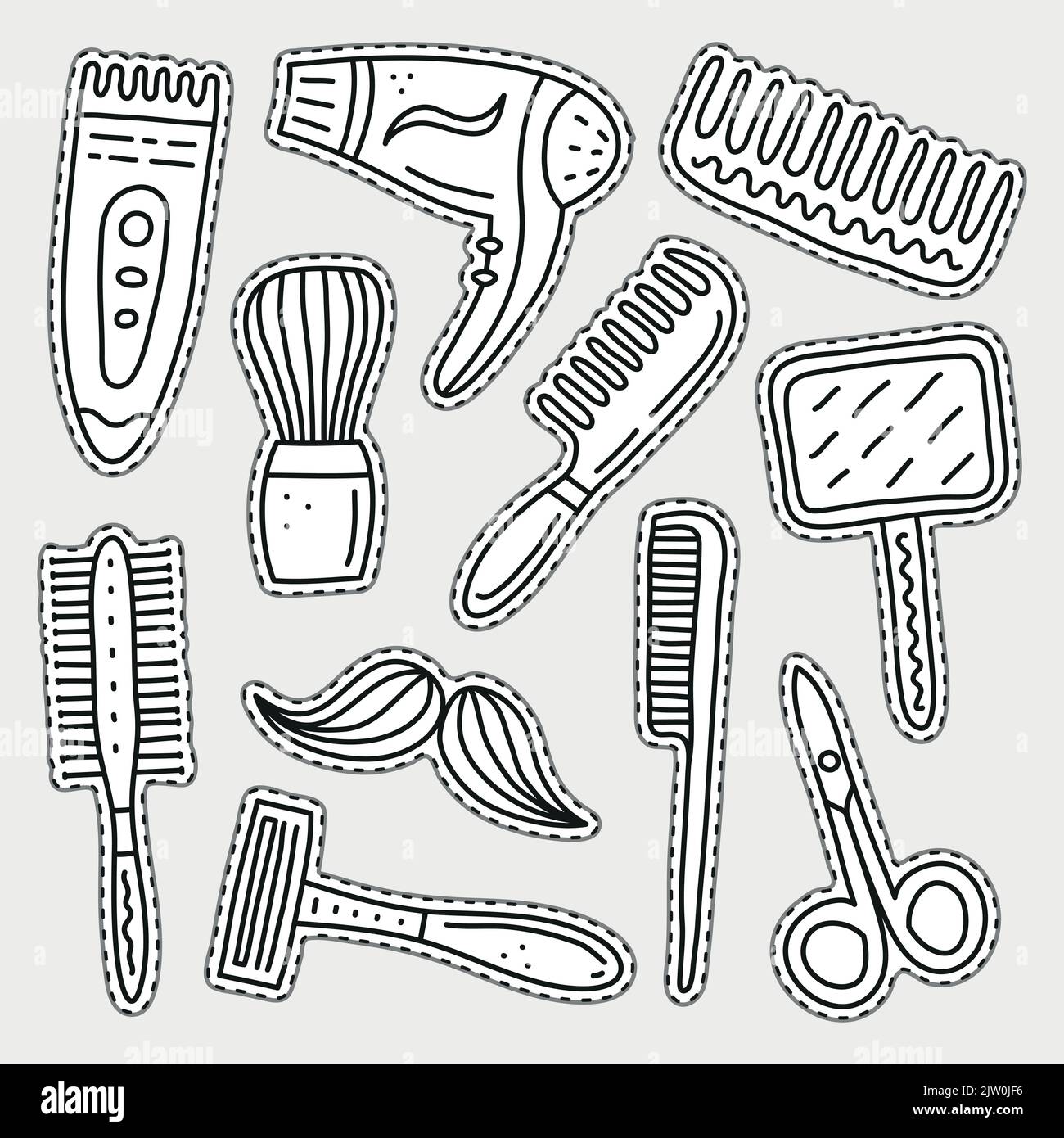 Set of doodle uncolored stickers for barber shop isolated on grey ...
