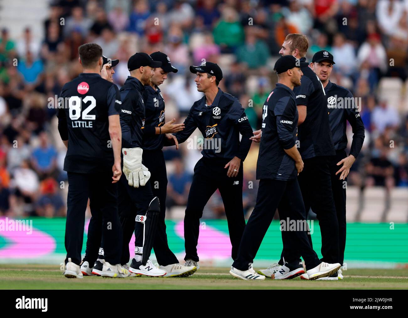 Manchester Originals' Paul Walter celebrates taking the wicket of ...