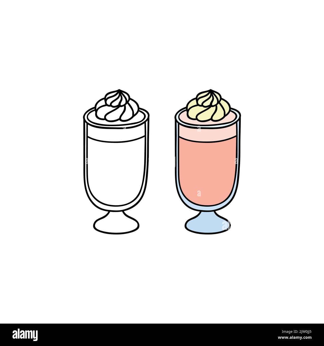 Doodle outline and colored milkshake with cream in glass isolated on ...