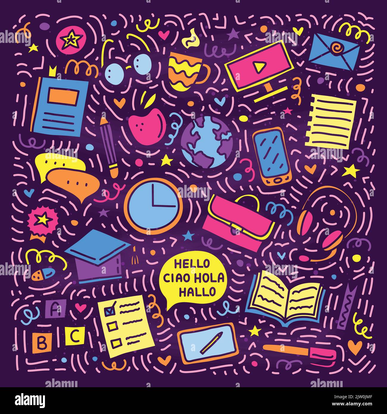 Set of doodle colored language courses icons with lines, symbols around ...