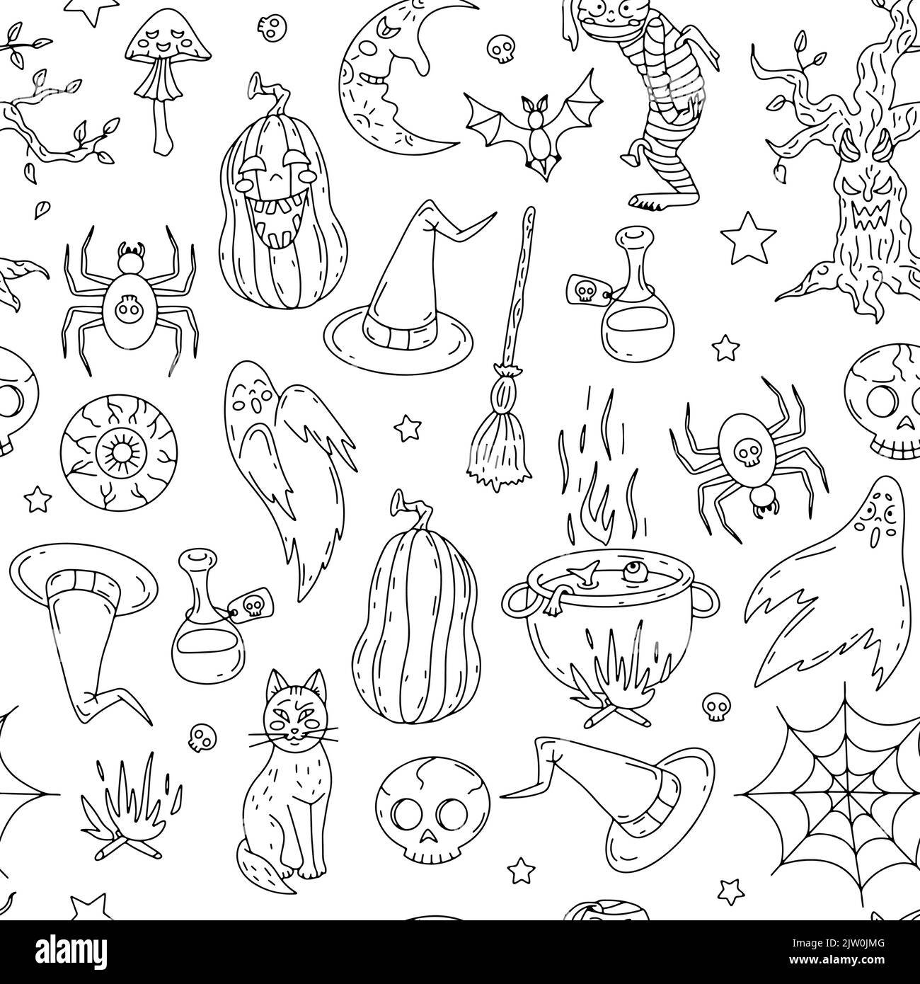 Line art Halloween Seamless Pattern on white background Stock Vector ...
