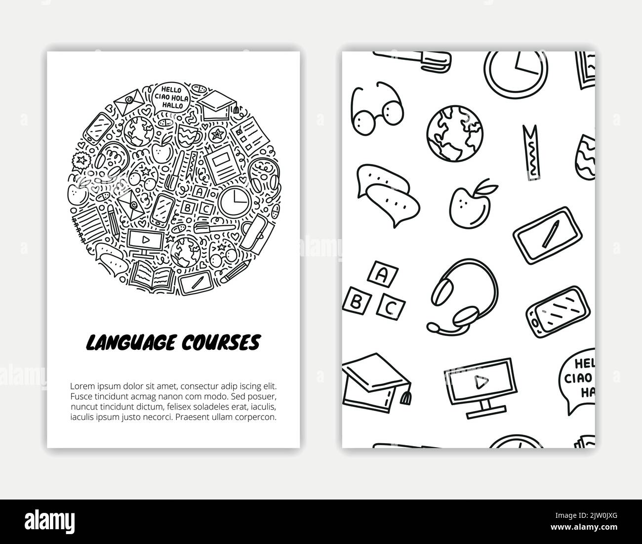 Card templates with doodle outline language courses icons. Used ...
