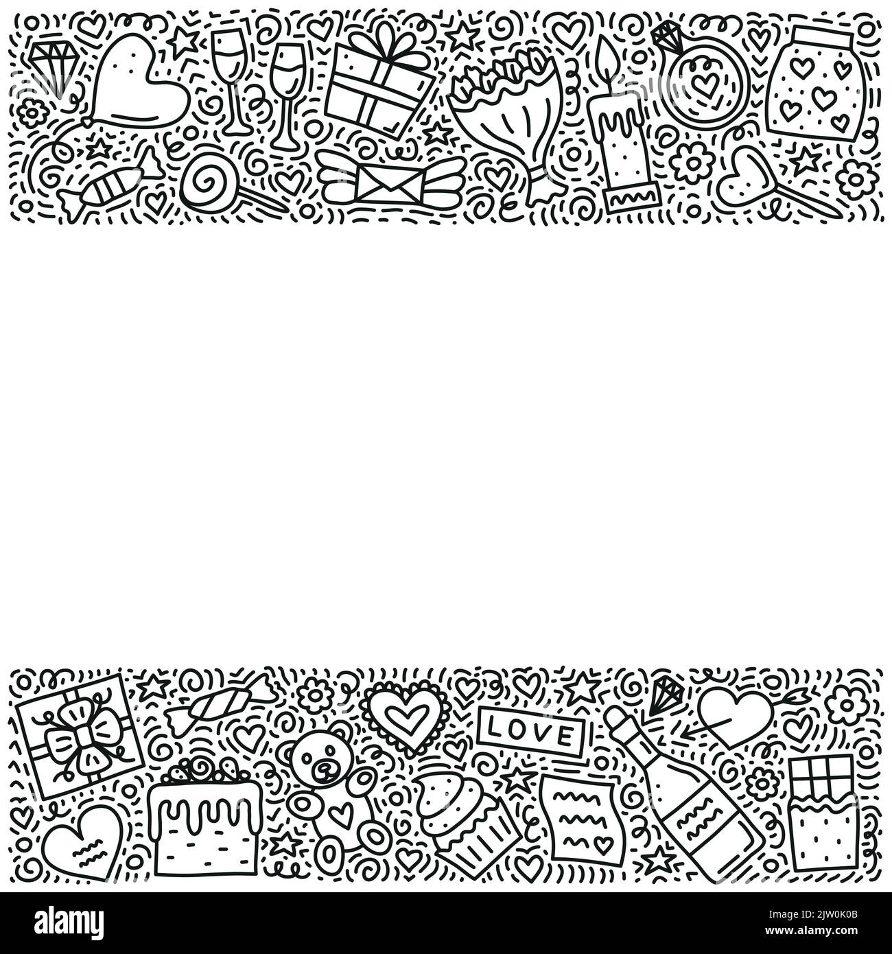 Poster with cute doodle outline Valentine s day icons, lines, swirls ...