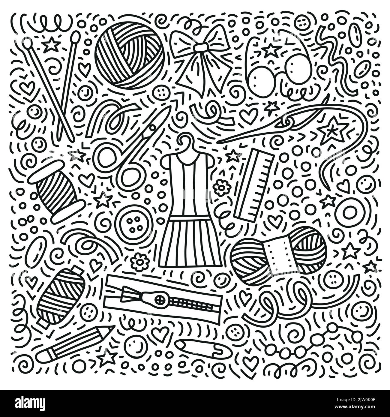 Set of outline hand made doodles with symbols around isolated on white ...