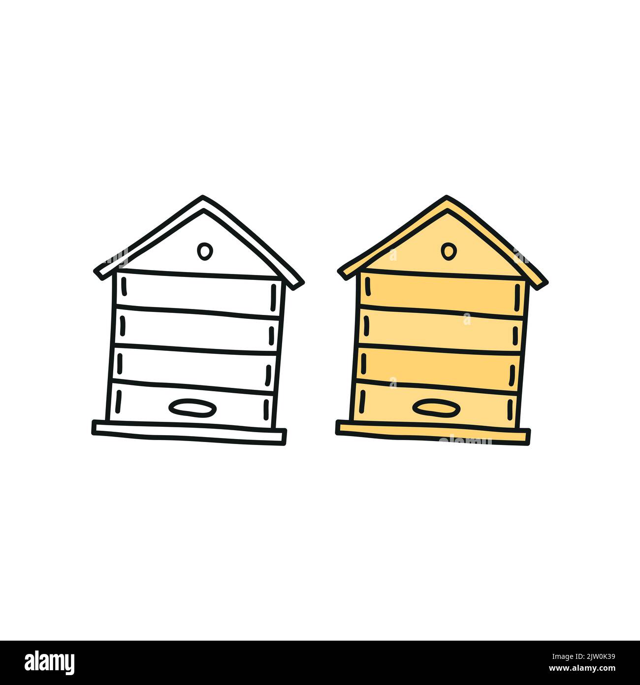 Doodle outline and colored wooden beehive isolated on white background ...