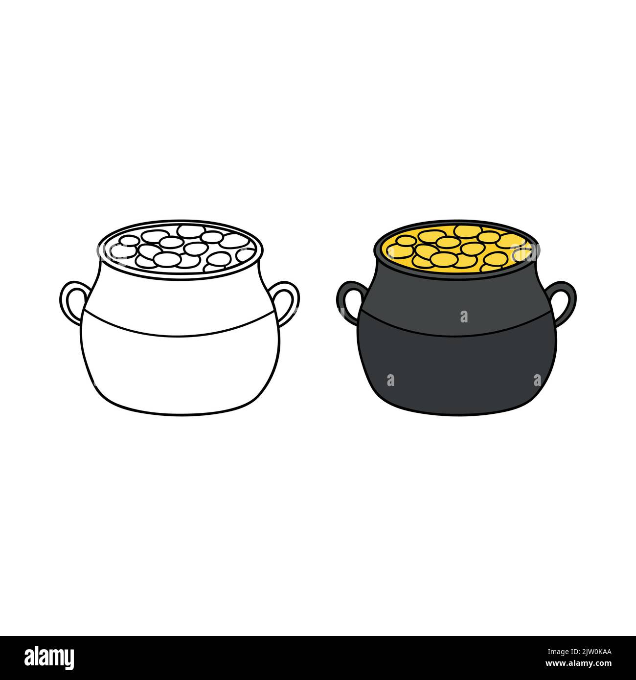 Doodle outline and colored pot with gold coins isolated on white ...