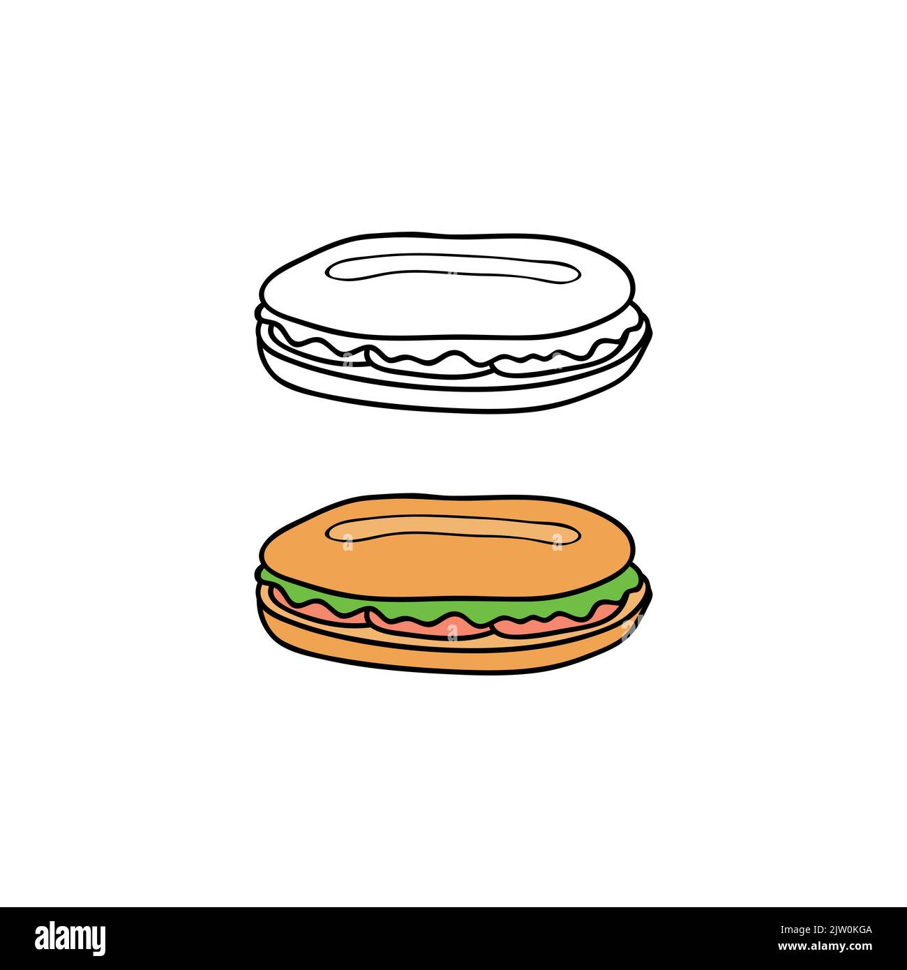 Hand drawn colored and outline long sandwich isolated on white ...
