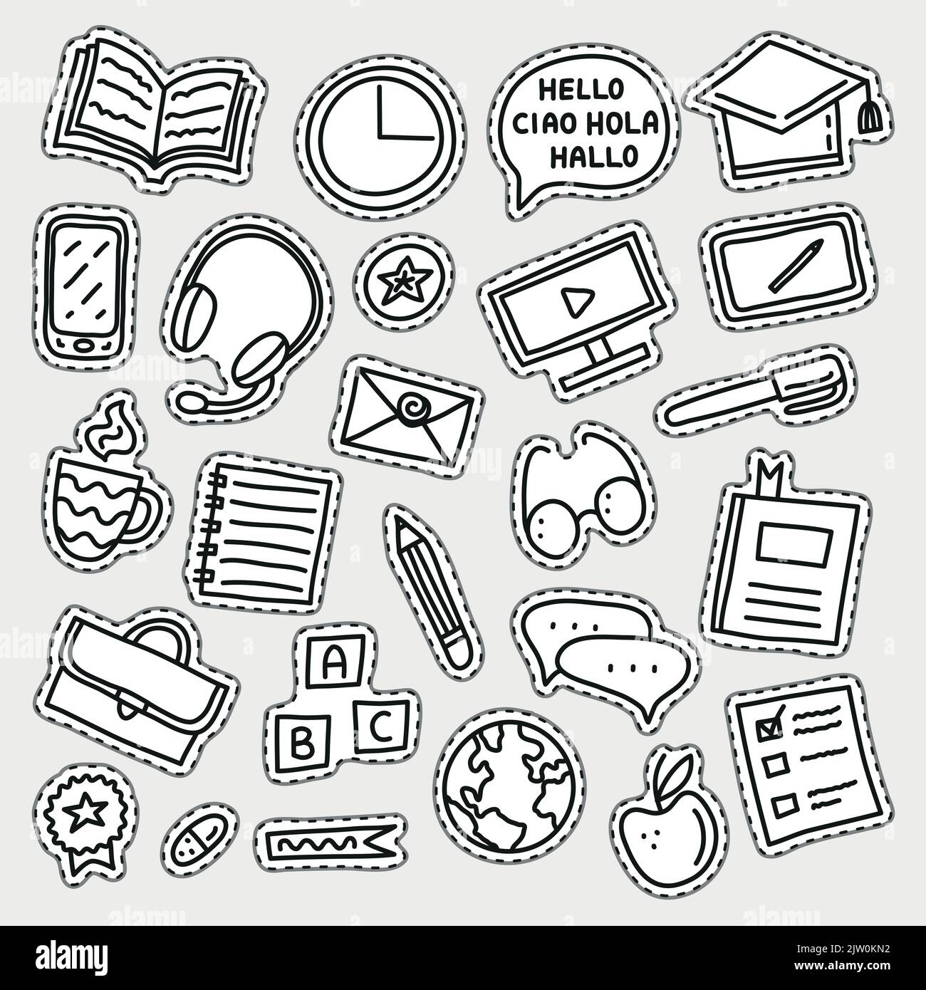 Set of language courses uncolored doodle stickers or patches isolated ...