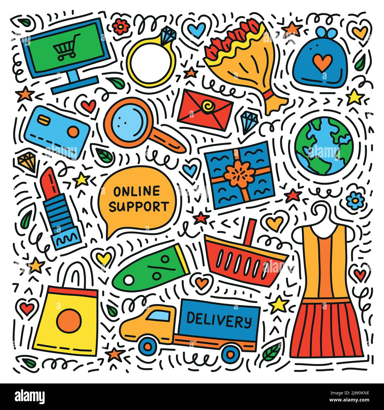 Set of colored e-commerce shopping doodles with elements isolated on ...