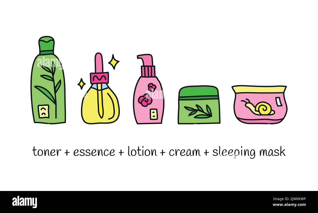 Korean Five Step Skin Care Routine Doodle Colored Cosmetics Isolated