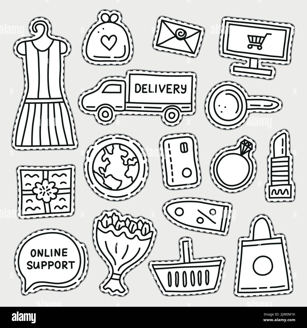 Set of uncolored e-commerce shopping stickers isolated on grey ...
