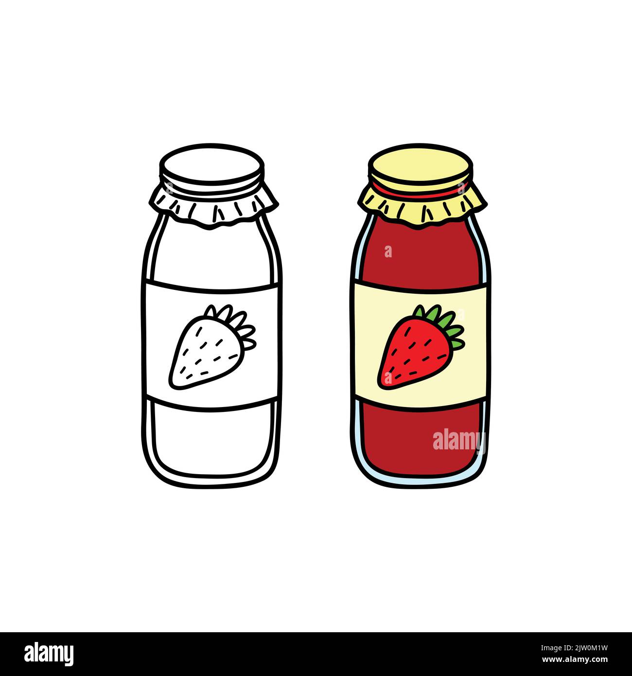 Doodle outline and colored strawberry jam in glass bottle isolated on ...