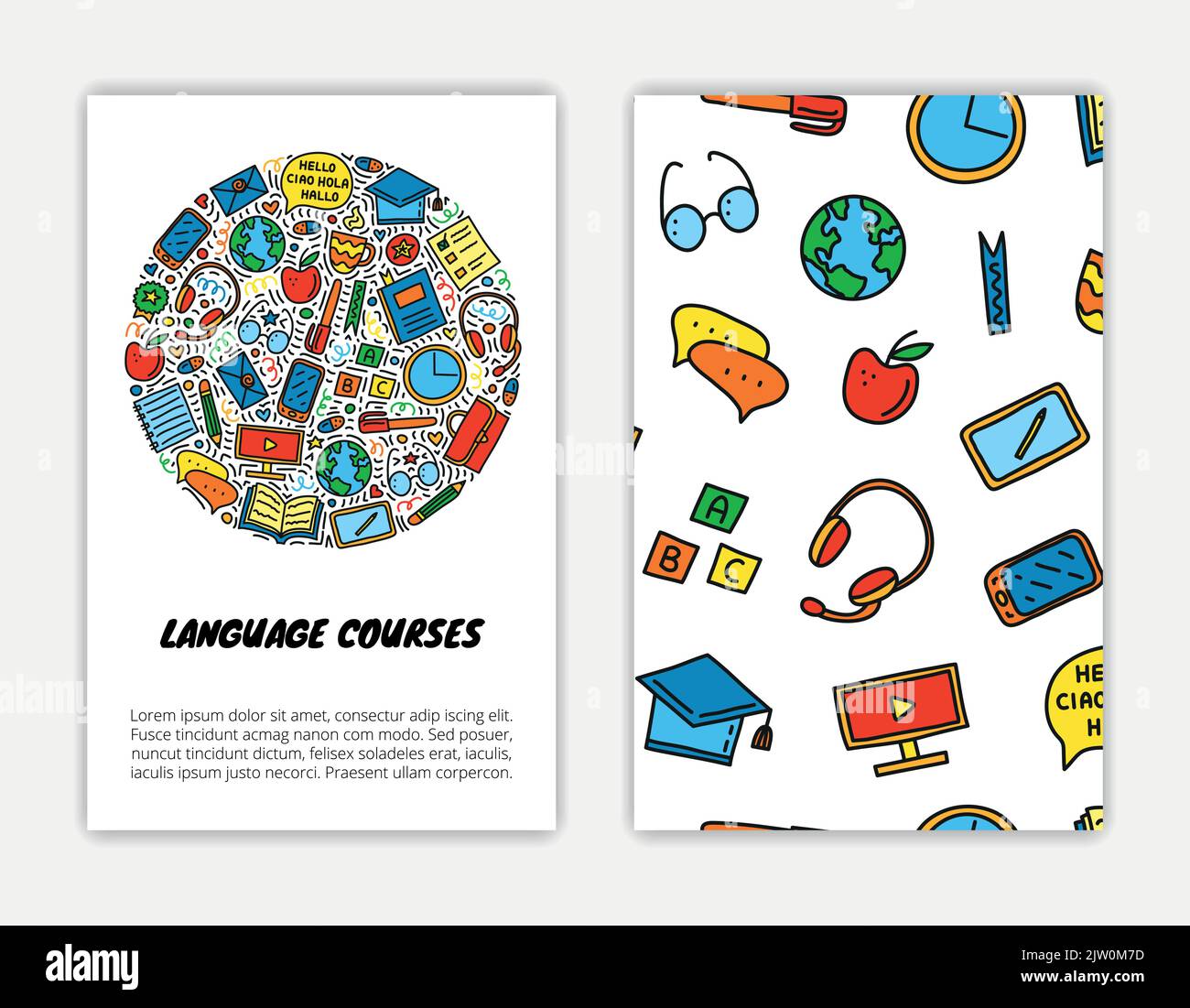 Card templates with doodle colored language courses icons. Used ...