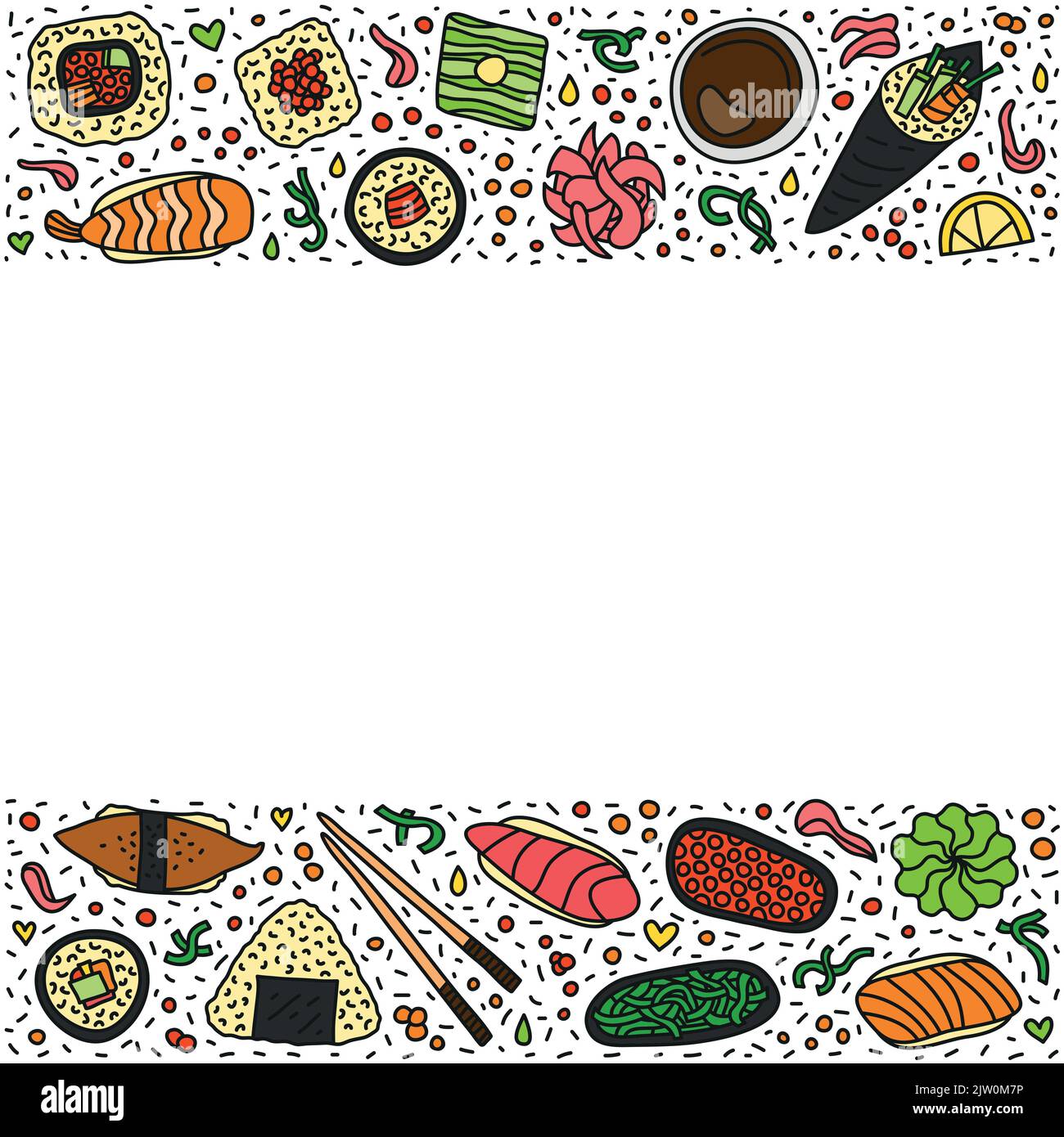 Poster with colored doodle sushi and rolls with lines, swirls, symbols ...
