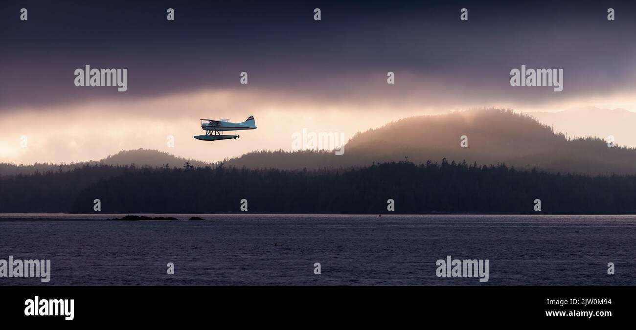Seaplane Flying over the West Coast Pacific Ocean. Adventure Composite ...
