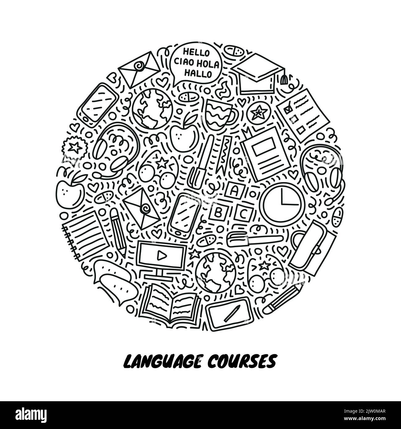 Doodle colored language courses icons composed in circle shape Stock ...