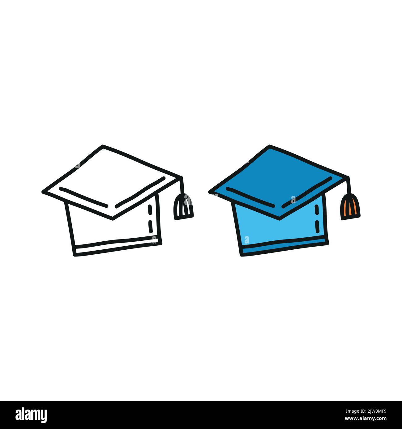 Doodle outline and colored graduation cap isolated on white background ...