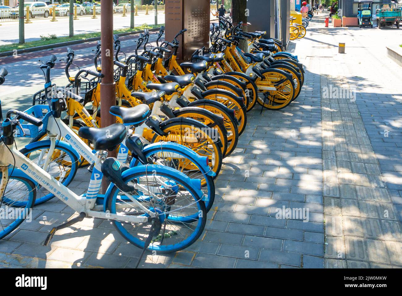 A bicycle share system with a variety of vehicles located in a downtown ...