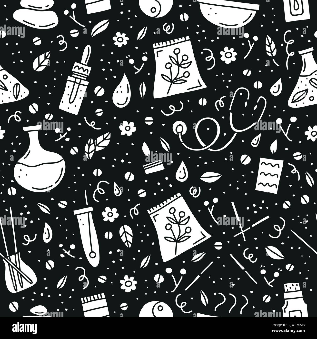 Black and white seamless pattern with doodle alternative medicine and ...