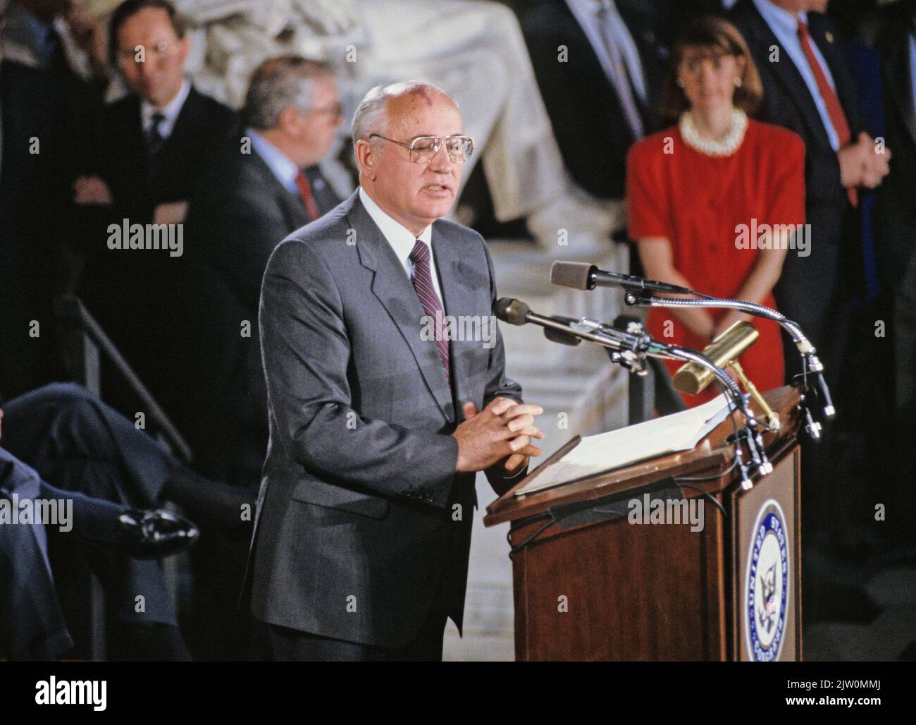 Former President Mikhail Gorbachev of the Soviet Union makes remarks in ...