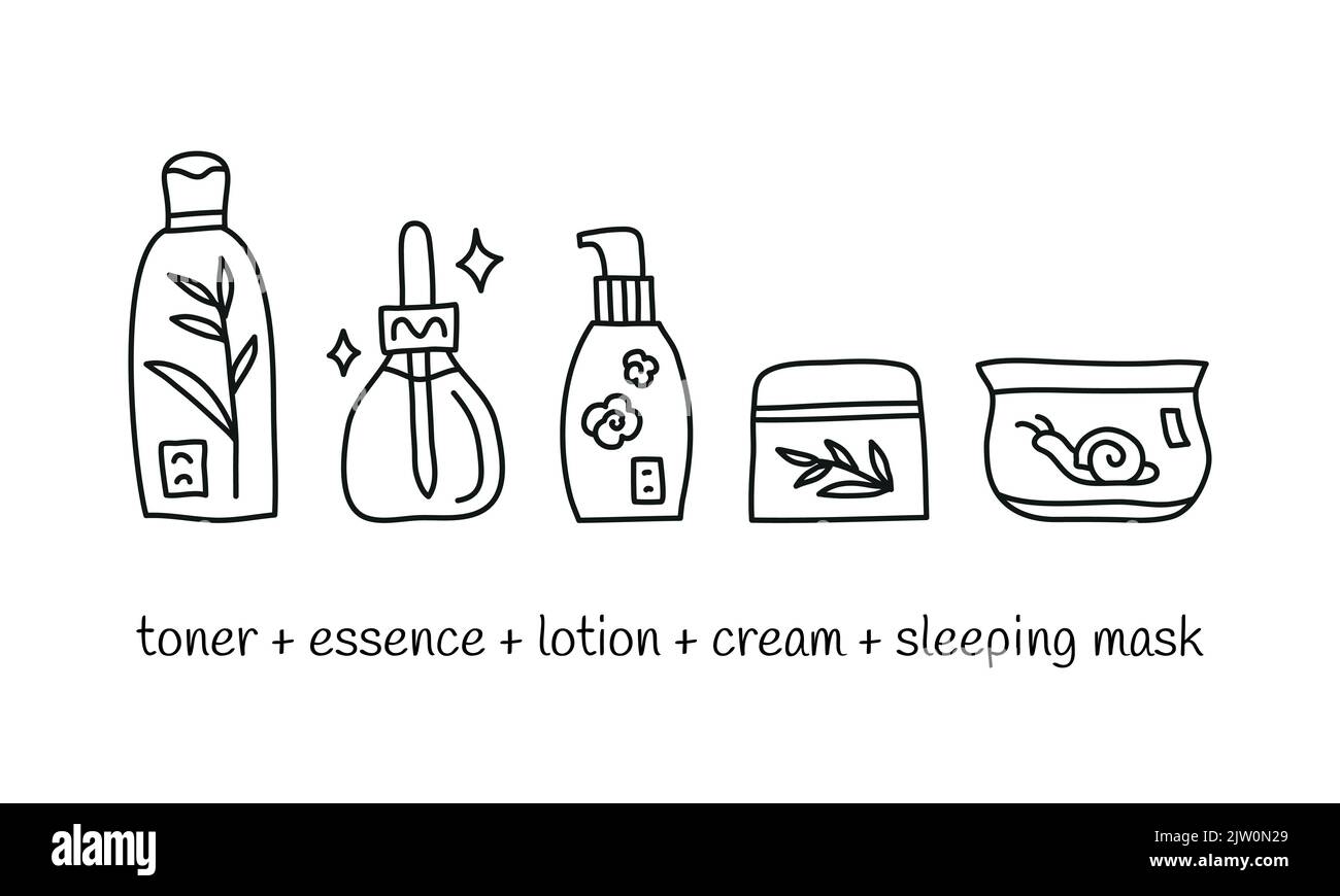 Korean five step skin care routine. Doodle outline cosmetics isolated ...
