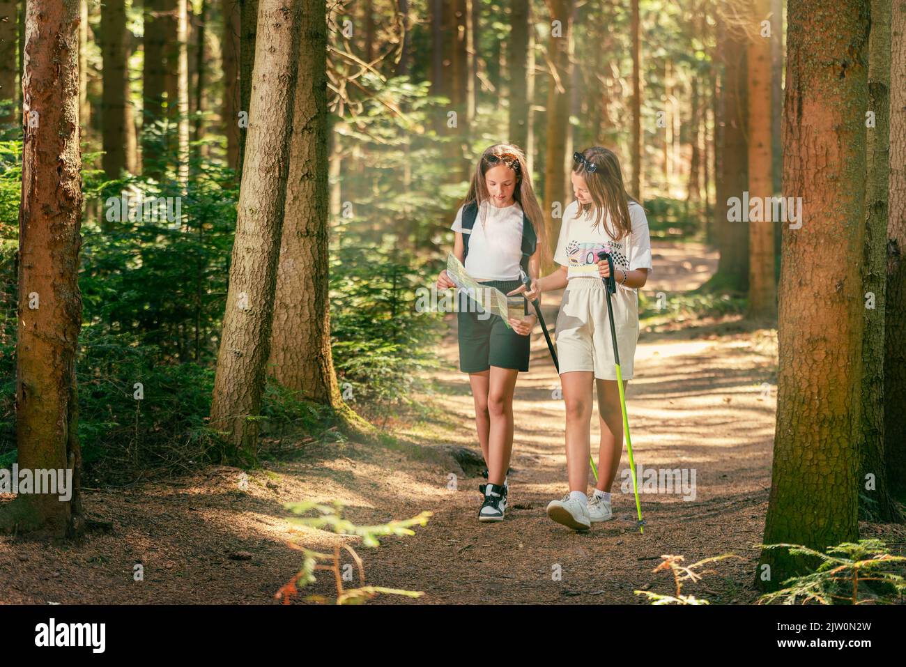 Two teenage girls are walking through the forest reading a paper map ...
