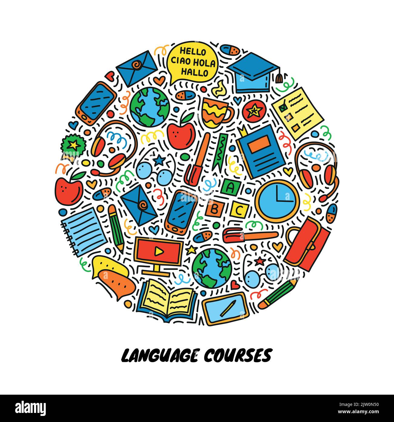 Doodle colored language courses icons with lines, symbols composed in ...