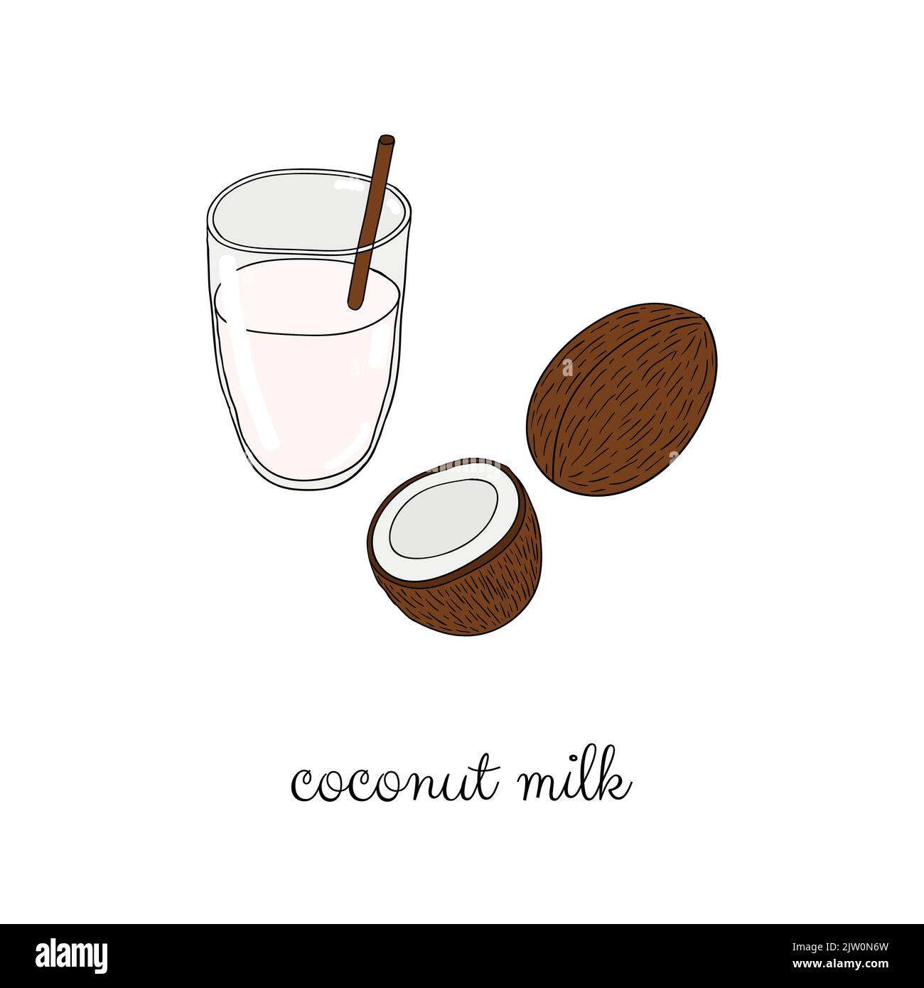 Hand drawn colored coconut milk in glass with straw isolated on white ...