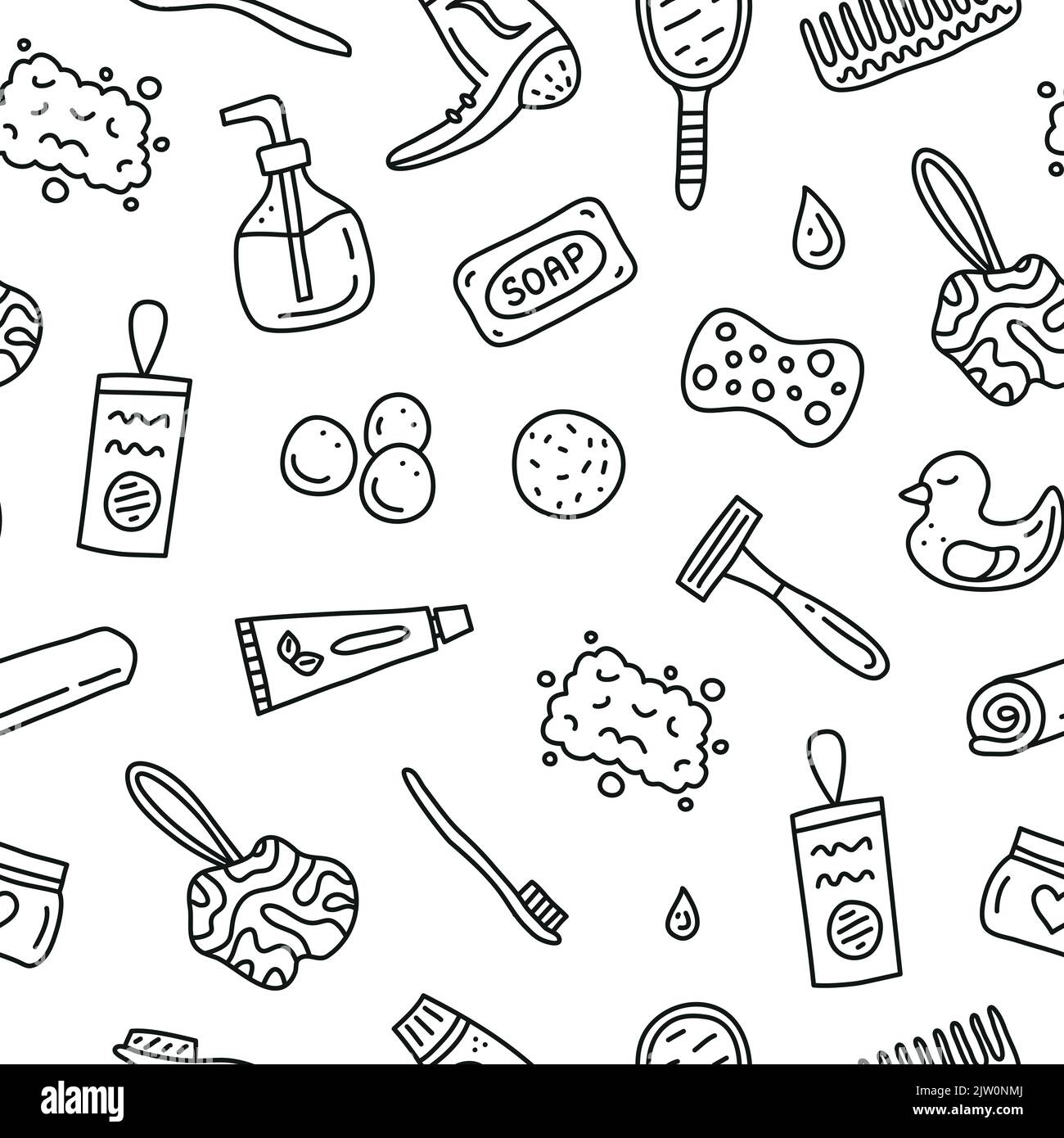 Black and white seamless pattern with doodle bathroom and hygiene icons ...