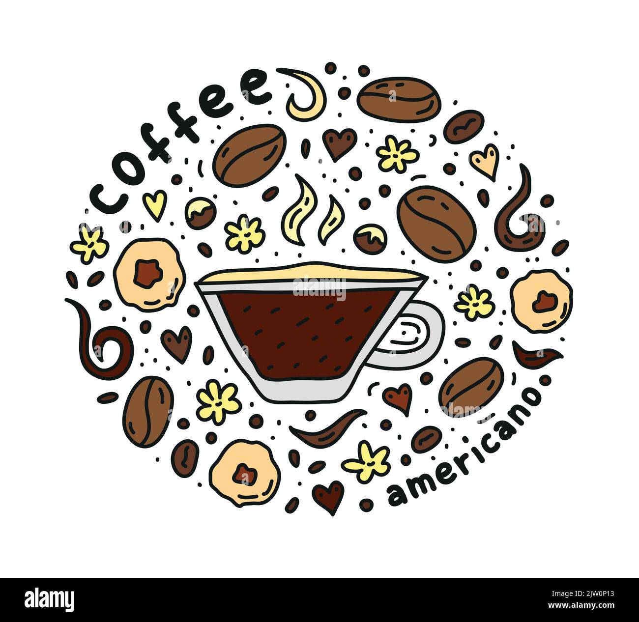 Poster with cute doodle americano coffee drink and beans, cookies ...