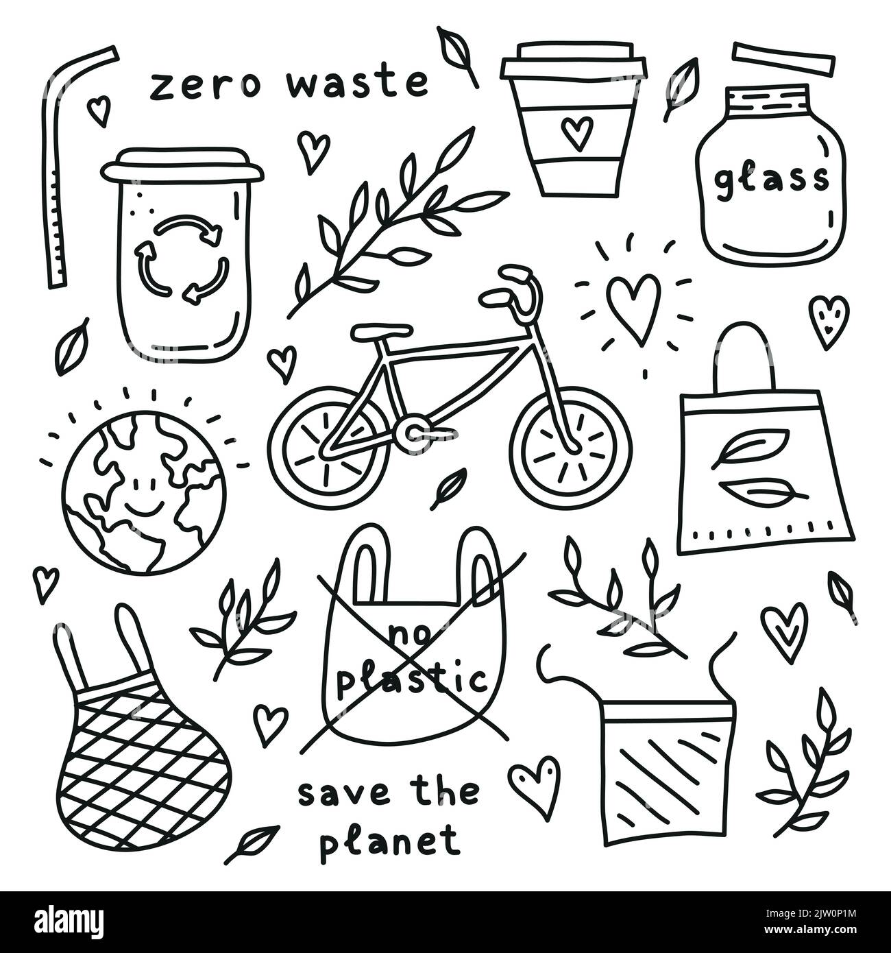 Set of doodle outline ecological icons isolated on white background ...