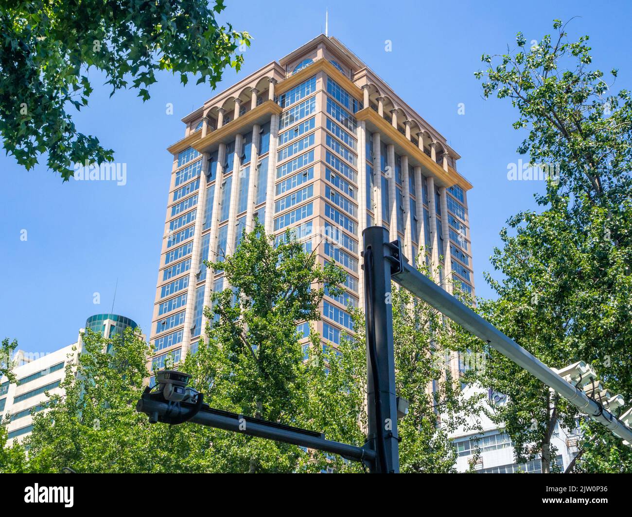 Low angle view of a modern apartment building architecture. The ...