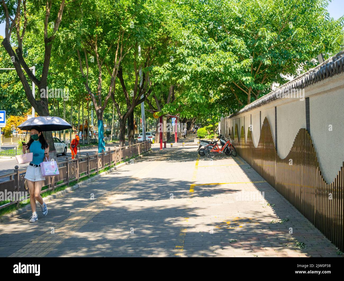 A young Chinese woman with an umbrella and a protective face mask walks ...