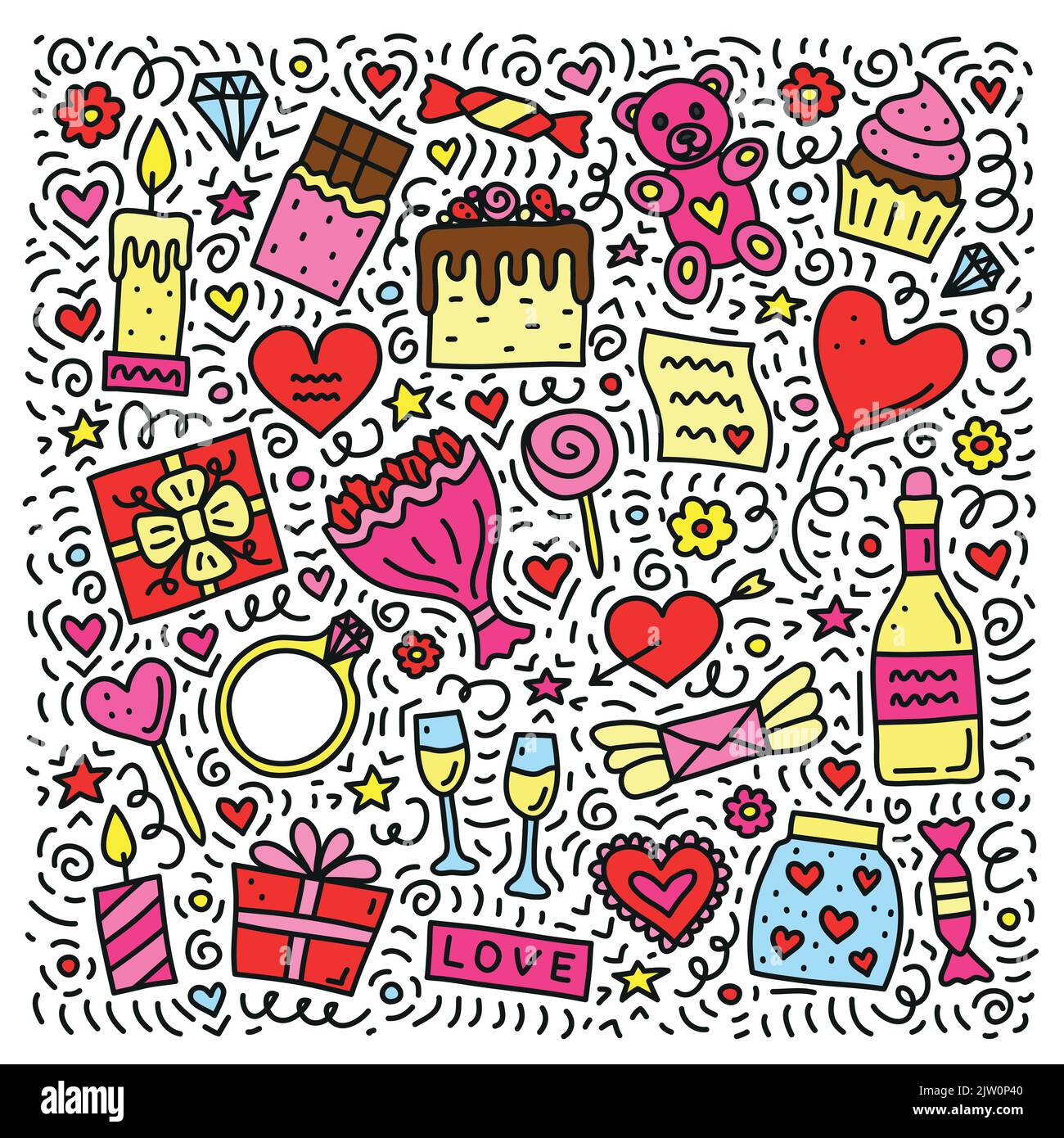 Set of colored doodles for Valentine s day with symbols around isolated ...
