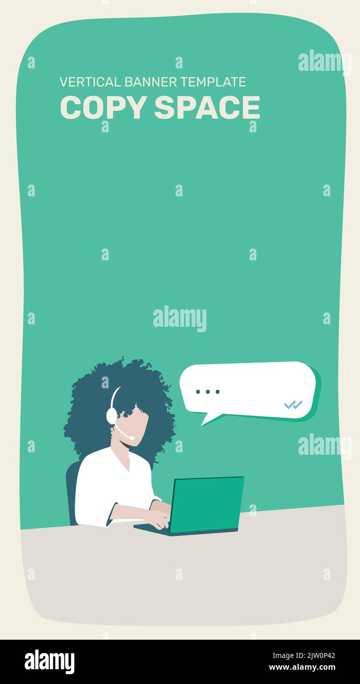 Vertical banner template with copy space. Call center brunette woman ...