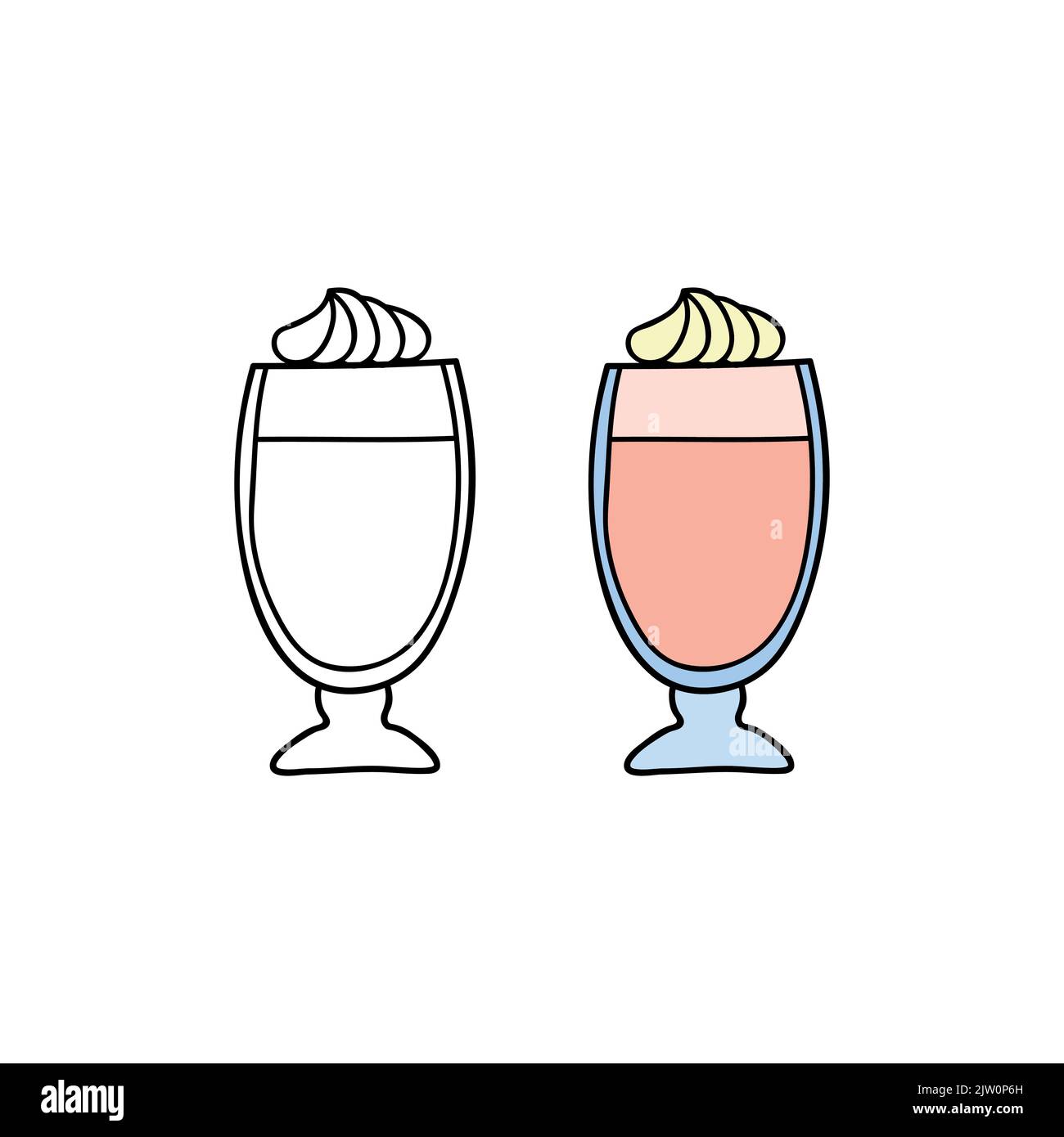 Doodle outline and colored milkshake with cream in glass isolated on ...