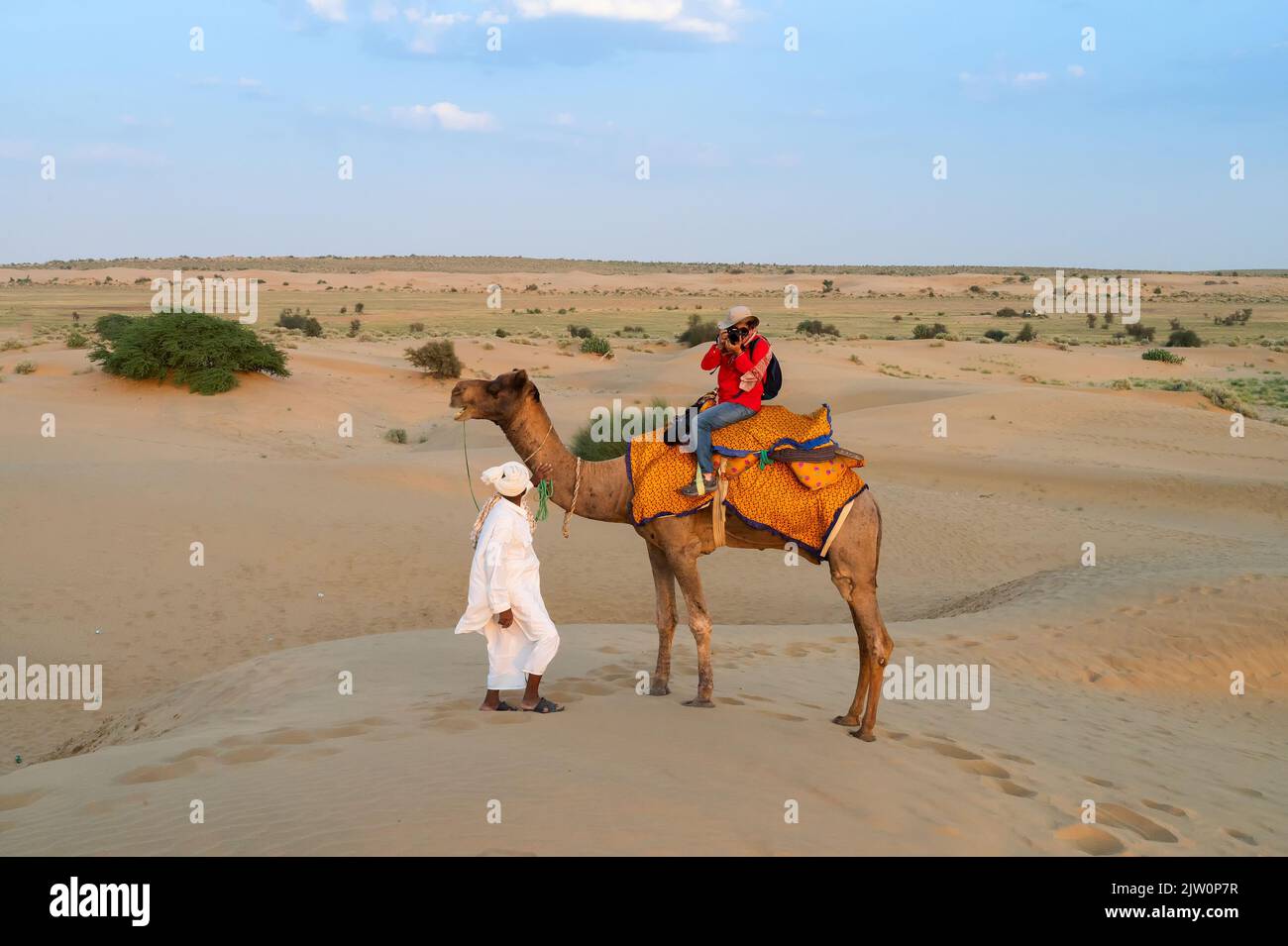 Female tourist taking picture while riding camel, Camelus dromedarius ...