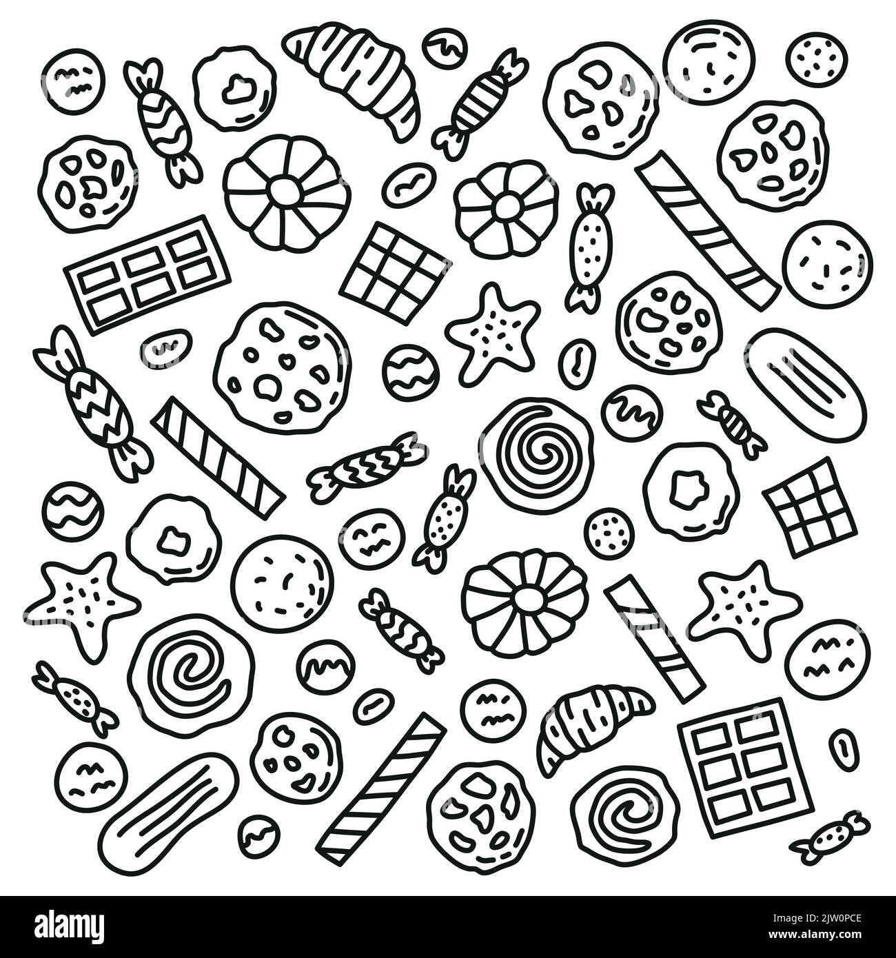 Set of doodle outline cookies, waffles and candies isolated on white ...