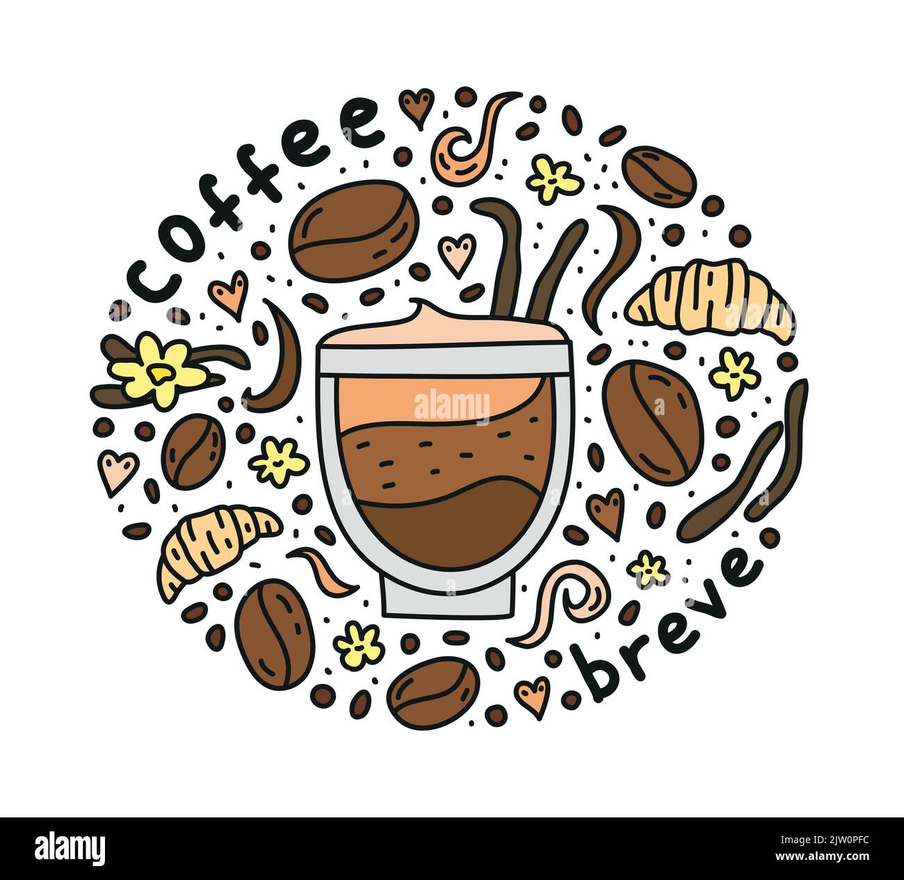 Poster with cute doodle breve coffee drink and beans, croissants ...