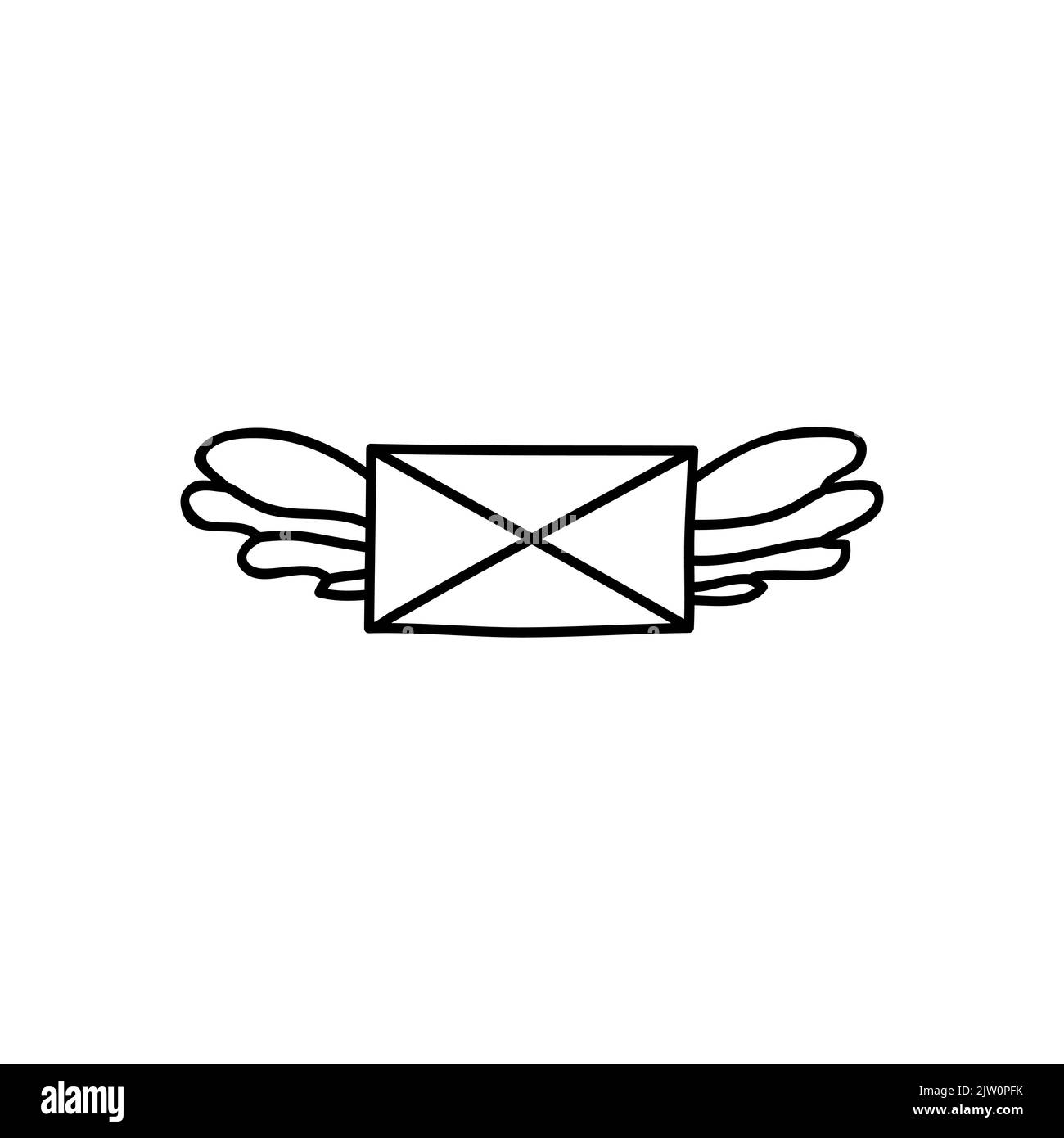 Doodle outline flying envelope with wings isolated on white background ...