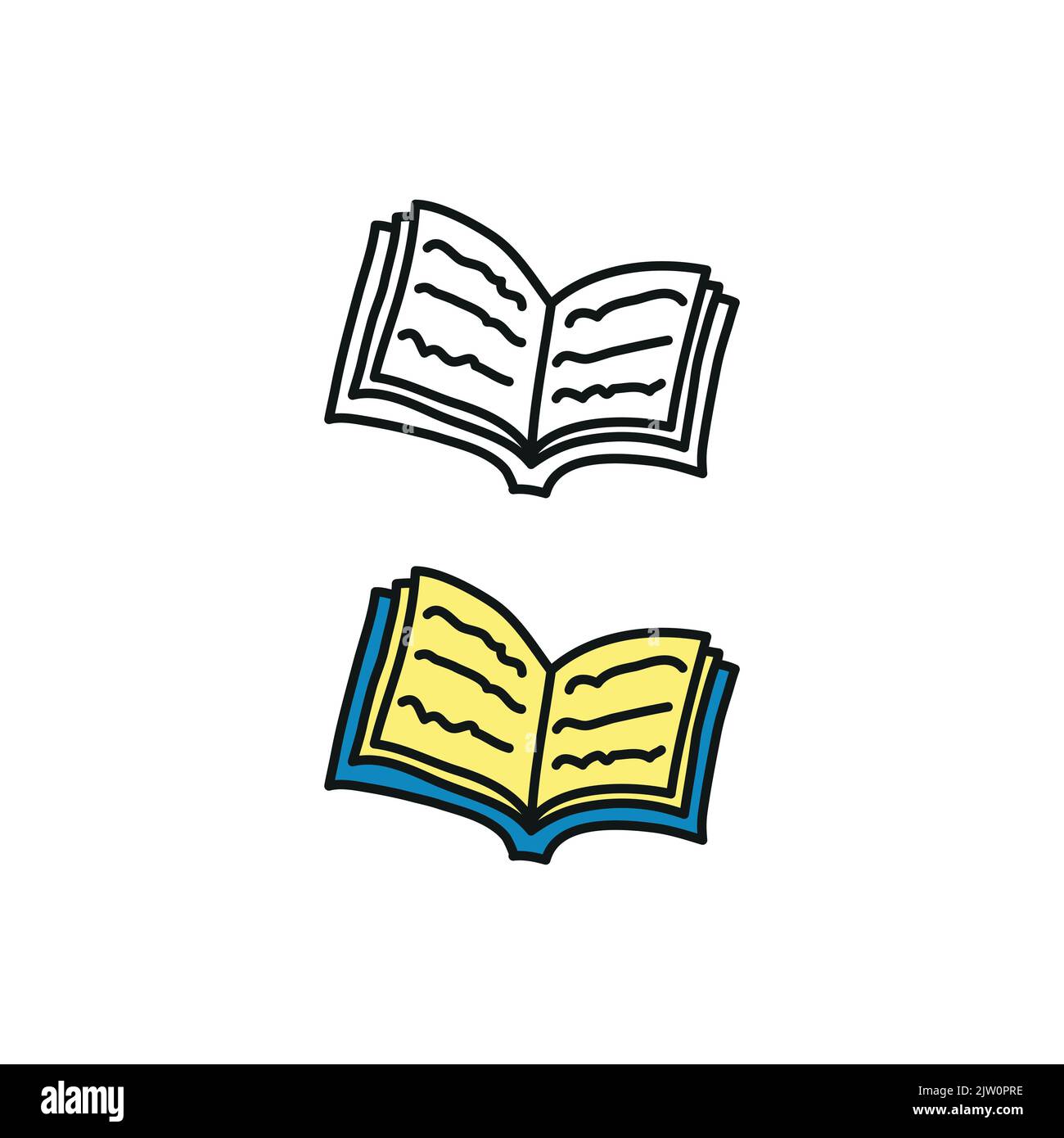 Doodle outline and colored opened book isolated on white background ...