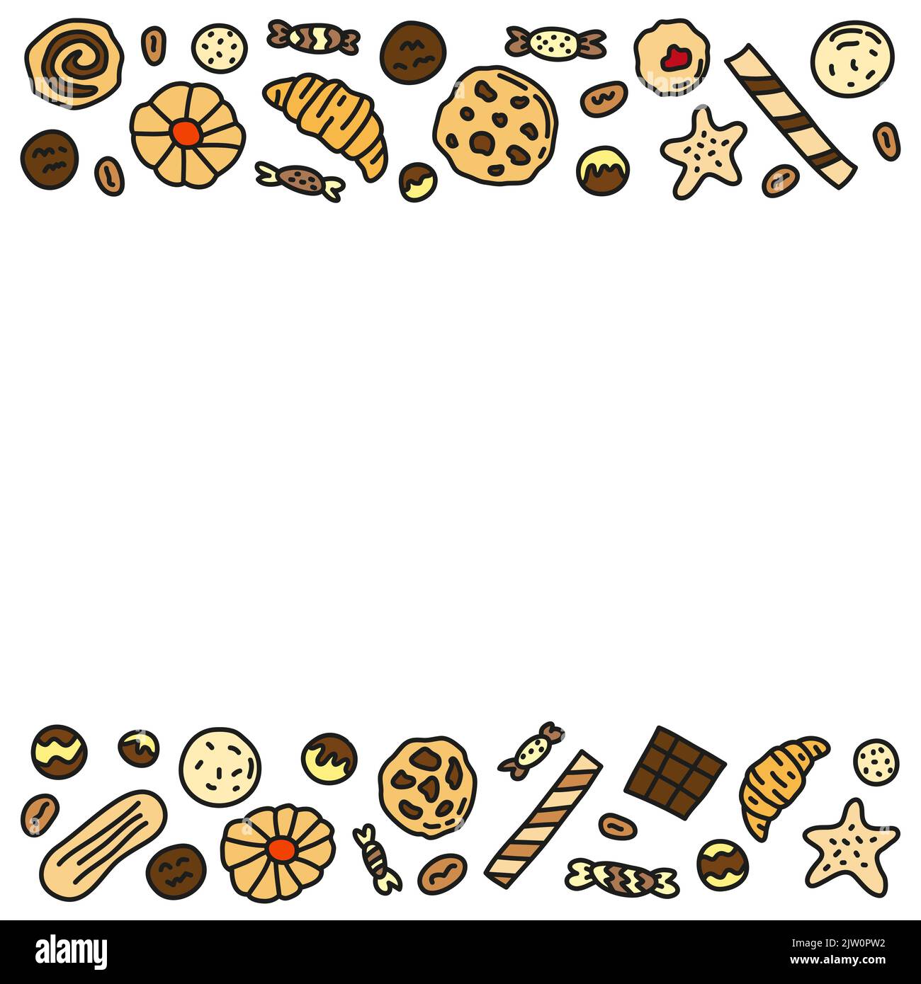 Poster with colored doodle cookies, waffles and candies on white ...