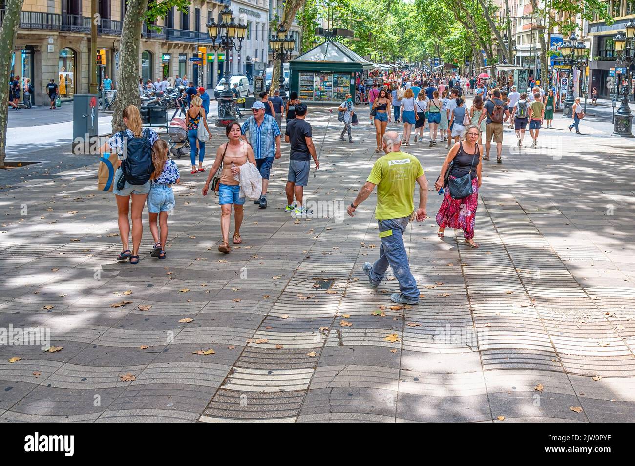 High angle view of people walking in La Rambla which is a pedestrian ...