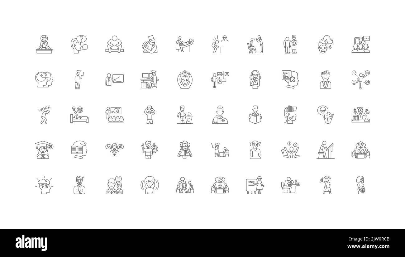 Thinking people concept illustration, linear icons, line signs set ...