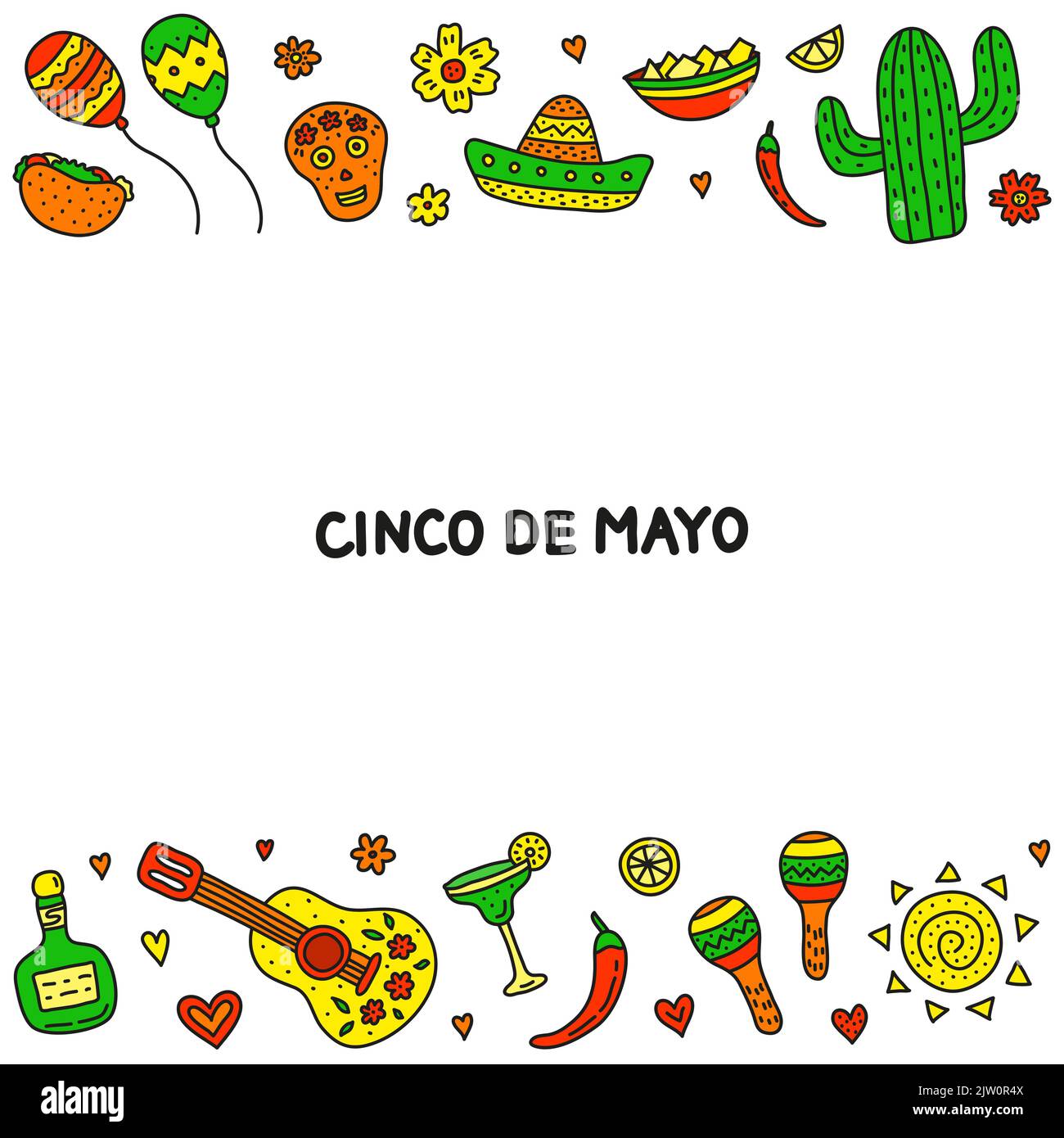 Poster with colored doodle Cinco de mayo icons on white background ...